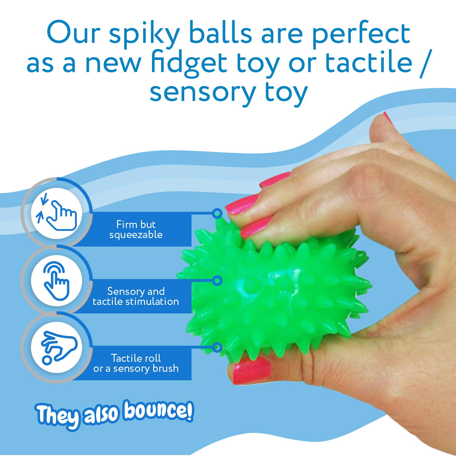 [5 Pack] Spiky Sensory Balls - Squeezy and Bouncy Fidget Toys - Sensory Toys – No BPA Phthalates Latex – School and Special Education Supply