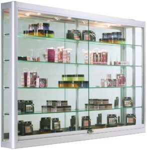 displays2go glass wall cabinets with led lights, aluminum, tempered glass shelves – silver (wc606leds)