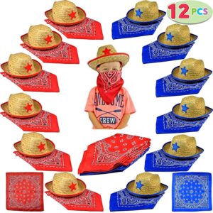 joyin toy pack of 12 childs straw cowboy hats with cowboy bandannas (6 red & 6 blue) party favors