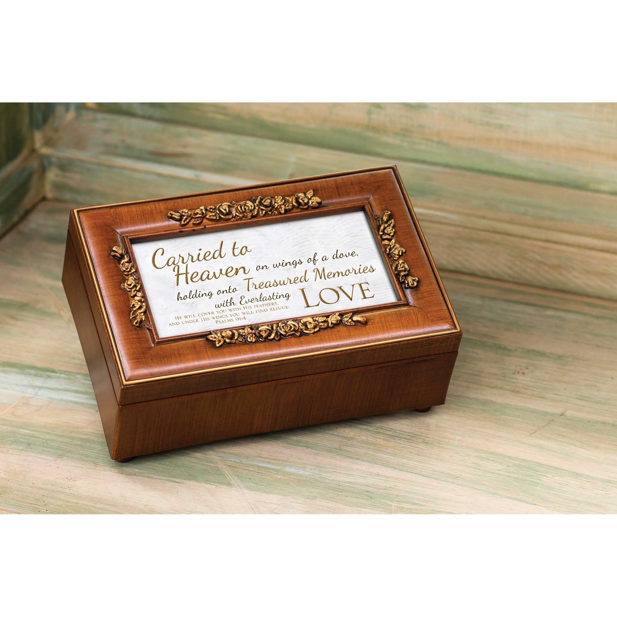 Cottage Garden Treasured Memories Love Feather Wood Finish Petite Rose Jewelry Music Box Plays Amazing Grace