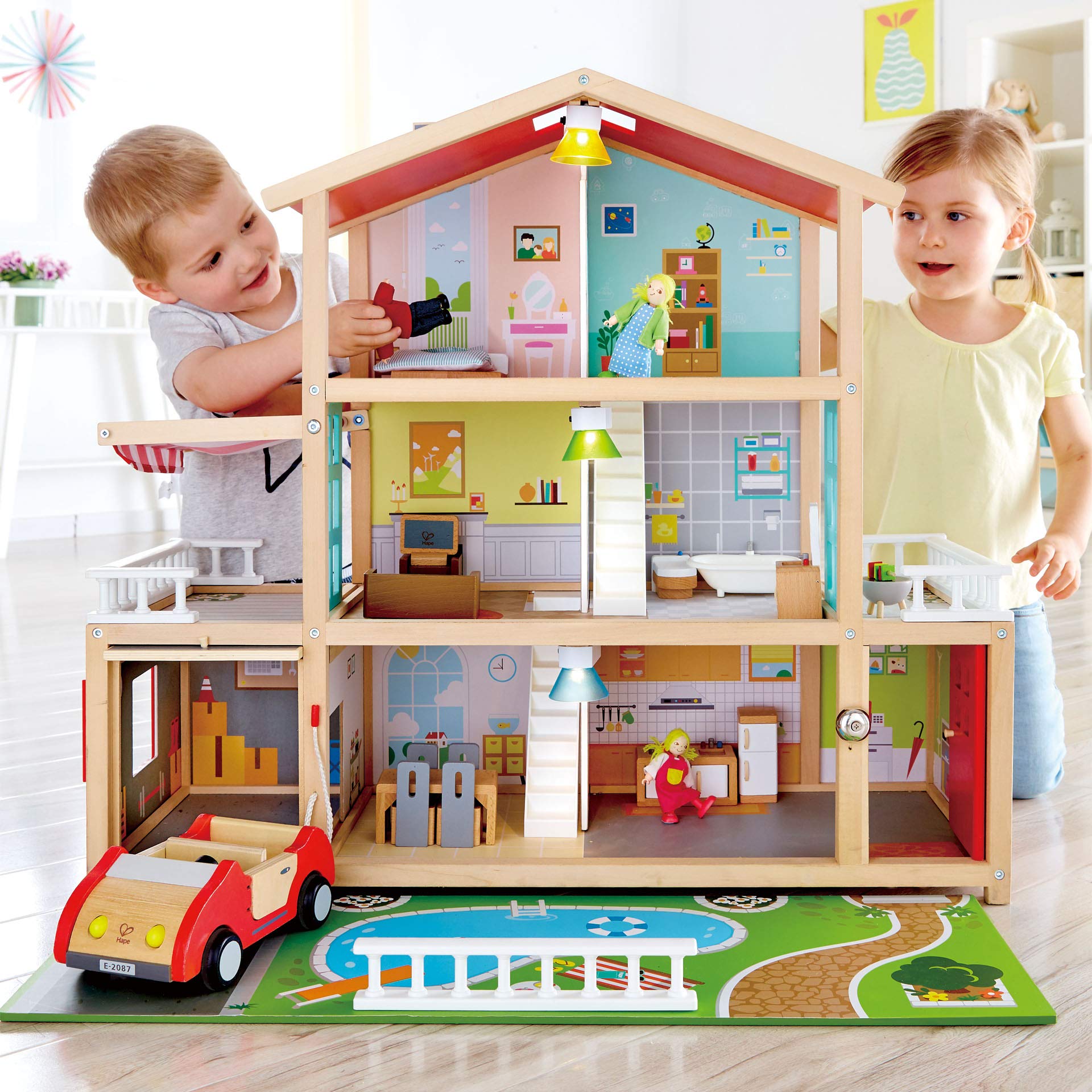 Hape Doll Family Mansion| Award Winning 10 Bedroom Doll House, Wooden Play Mansion with Accessories for Ages 3+ Years