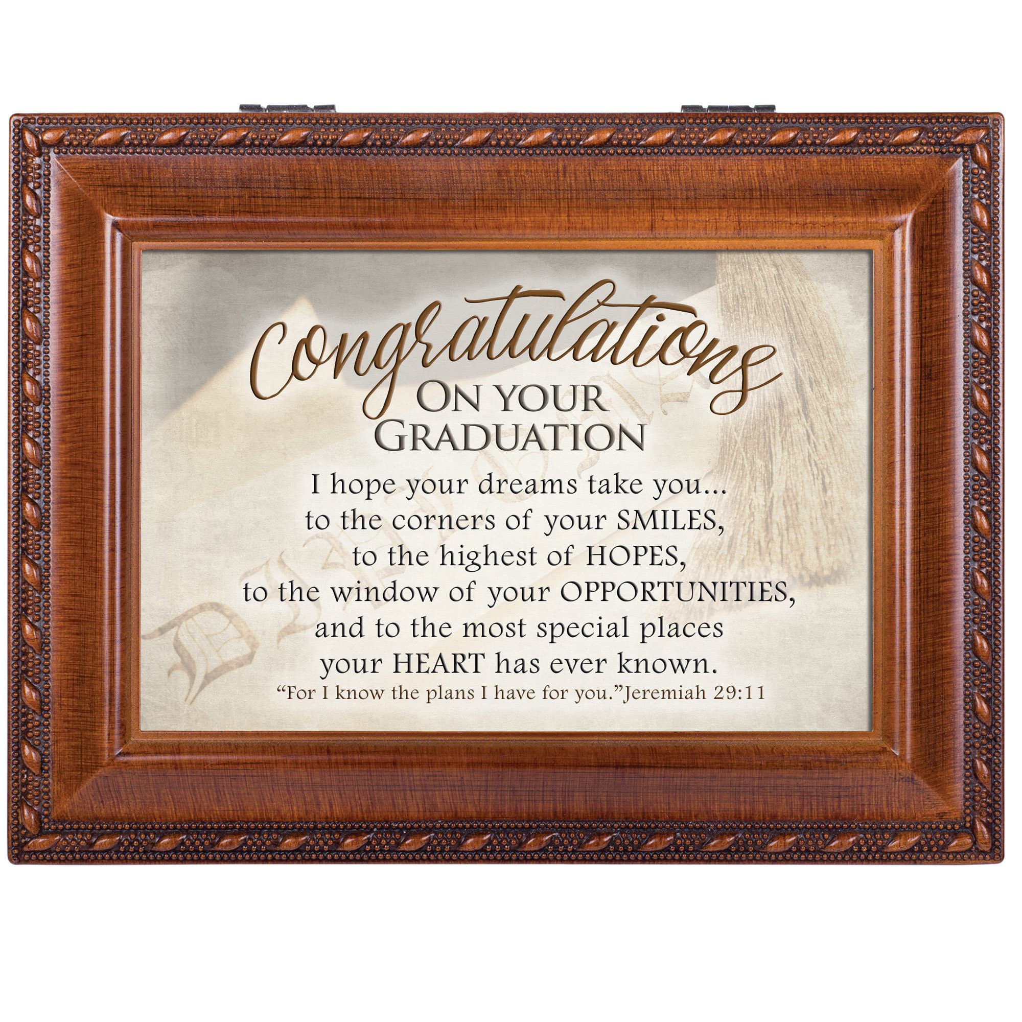 Cottage Garden Congratulations Graduation Woodgrain Rope Trim Inspirational Music Box Plays Pomp and Circumstance