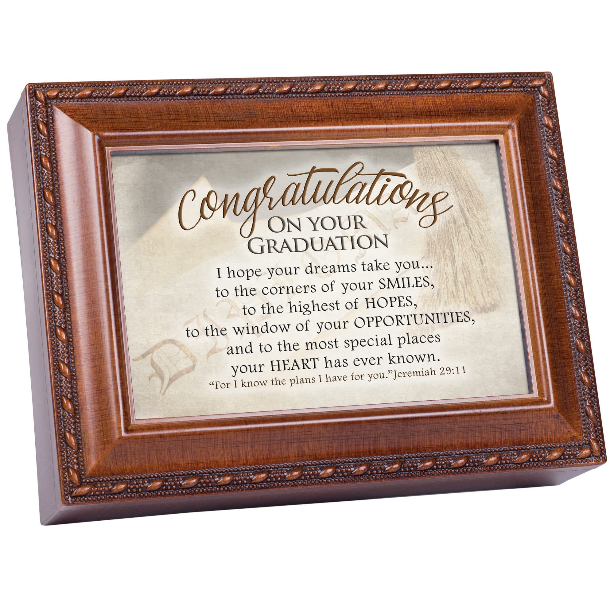 Cottage Garden Congratulations Graduation Woodgrain Rope Trim Inspirational Music Box Plays Pomp and Circumstance