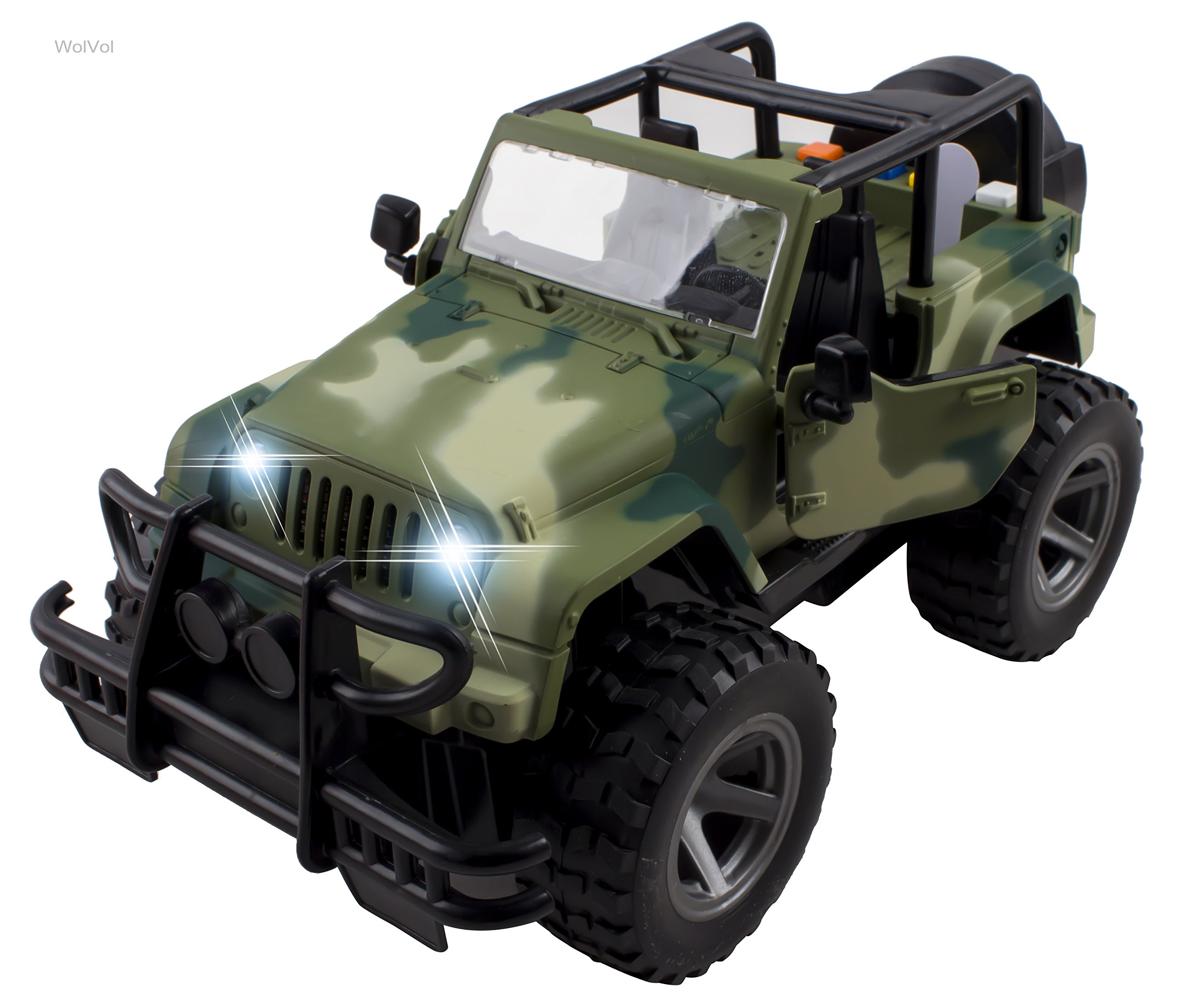 WolVolk Off-Road Military Fighter Car Toy - Friction Powered Toy Vehicle with Fun Lights & Sounds - 2 Doors Open - Great Gift for All Occasions for Kids Boys & Girl