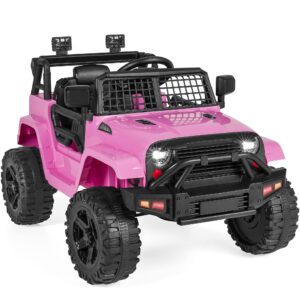 best choice products 12v kids ride on truck car w/parent remote control, spring suspension, led lights, aux port - pink