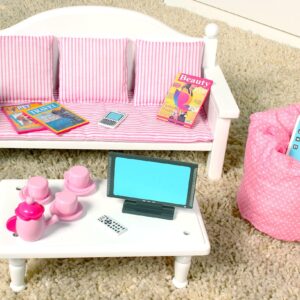 Playtime by Eimmie 18 Inch Doll Furniture - Doll Couch & Coffee Table with Living Room Accessories - Fits American, Generation, My Life & Similar 14"-18" Girl Dolls - White Wood Playset