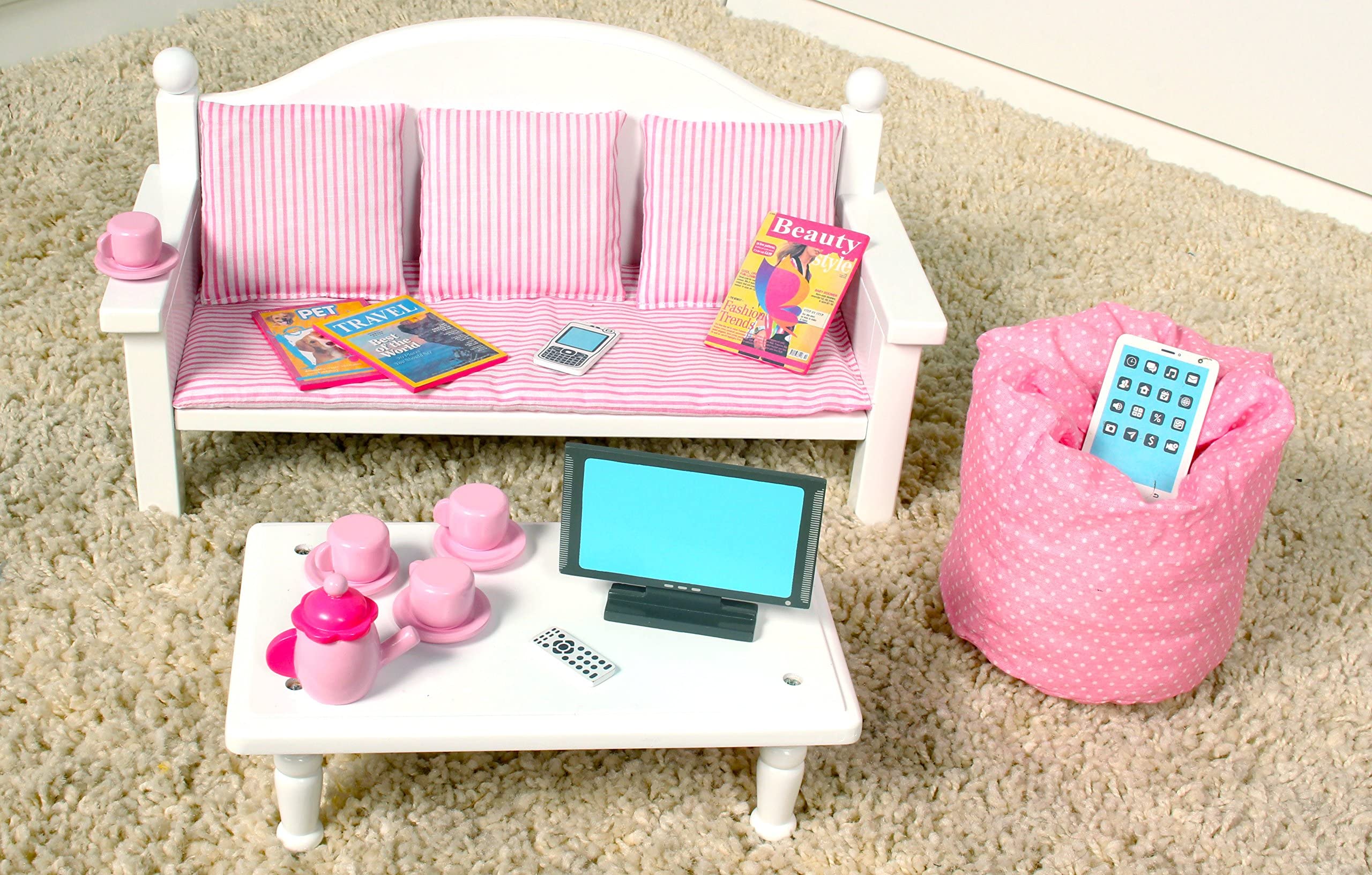 Playtime by Eimmie 18 Inch Doll Furniture - Doll Couch & Coffee Table with Living Room Accessories - Fits American, Generation, My Life & Similar 14"-18" Girl Dolls - White Wood Playset