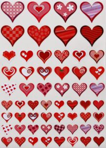 royal green red and pink hearts stickers - 290 pack - decorative heart shaped label for arts, favors and crafts in colors for valentine’s day