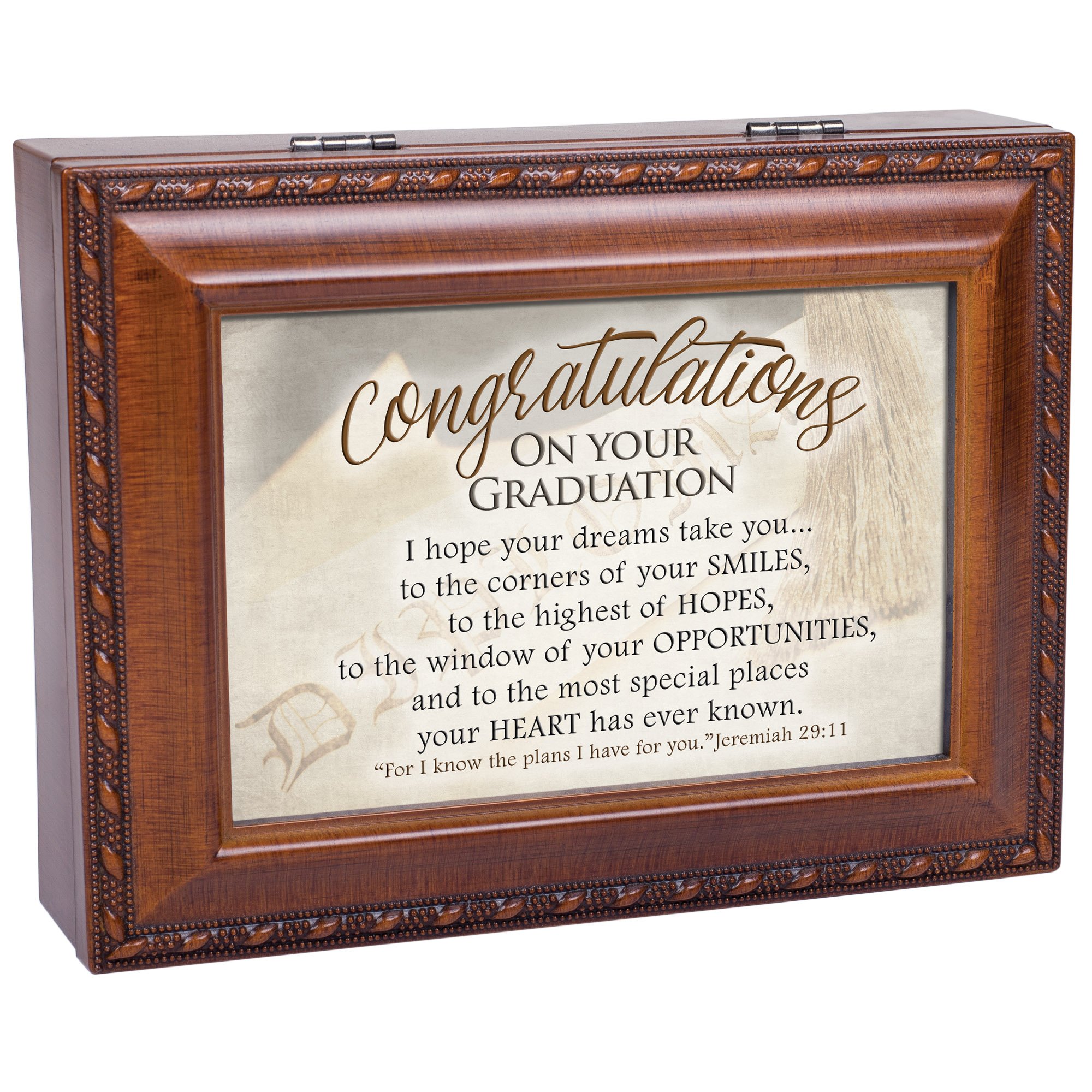 Cottage Garden Congratulations Graduation Woodgrain Rope Trim Inspirational Music Box Plays Pomp and Circumstance