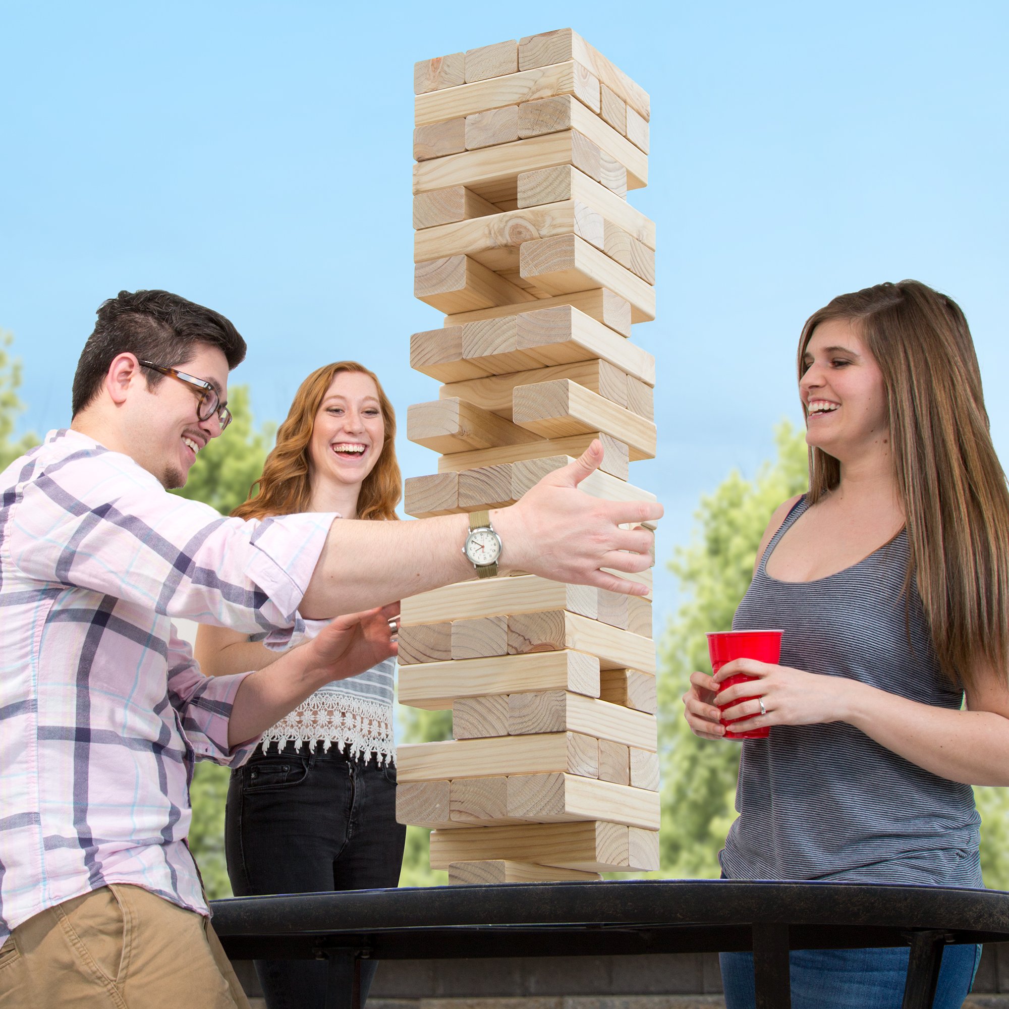 Hey! Play! Classic Giant Wooden Blocks Tower Stacking Game, Outdoors Yard Game, for Adults, Kids, Boys and Girls , Brown