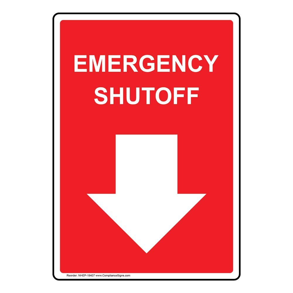 ComplianceSigns.com Vertical Emergency Shutoff [with Down Arrow] Sign, 14x10 in. Glow-in-Dark Aluminum for Emergency Response