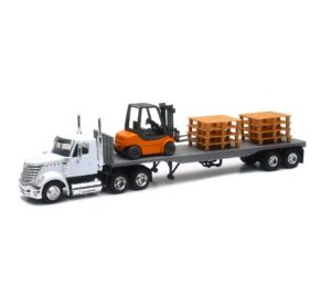 new-ray 16643 newray 1: 43 long haul trucker - international lonestar flatbed with forklift & pallets, white,unisex-children