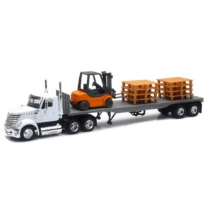 New-Ray 16643 Newray 1: 43 Long Haul Trucker - International Lonestar Flatbed with Forklift & Pallets, White,unisex-children