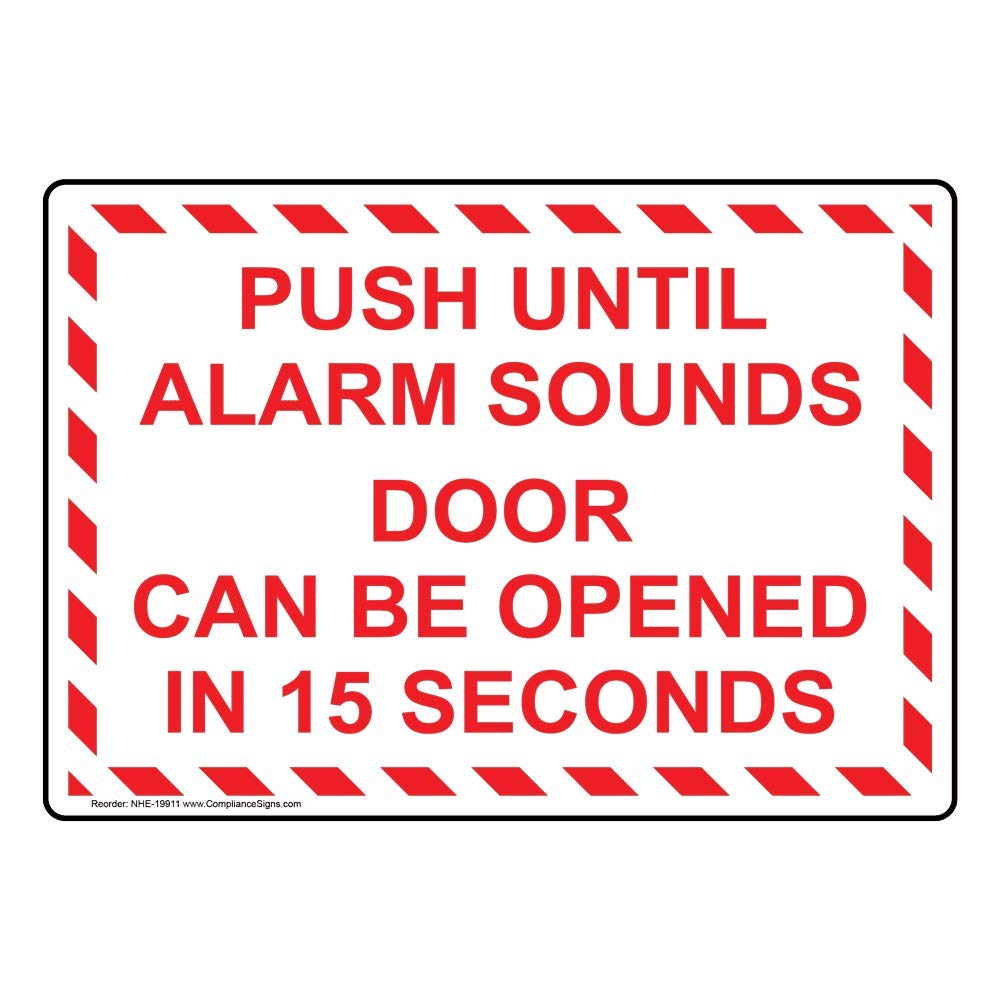 ComplianceSigns.com Push Until Alarm Sounds Door Can Be Opened In 15 Seconds Label Decal with Symbol, 5x3.5 in. 4-Pack Vinyl for Enter/Exit