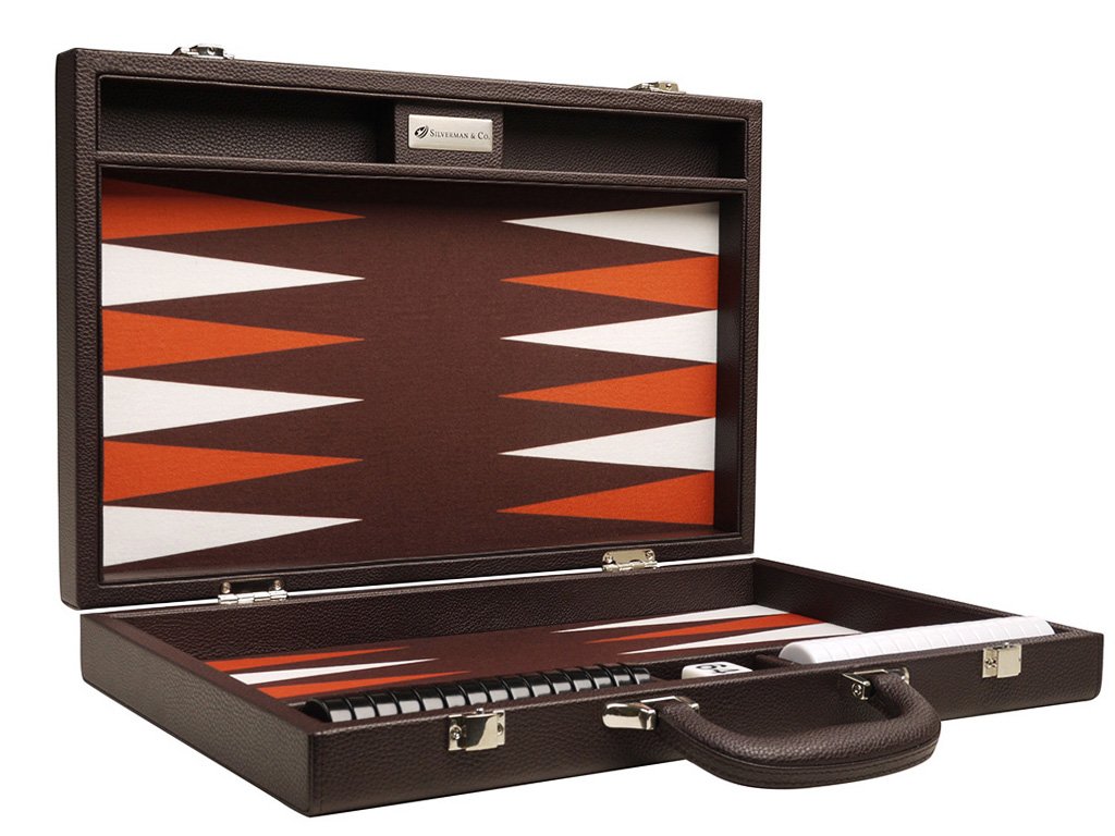 16-inch Premium Backgammon Set - Dark Brown Board, White and Orange Points