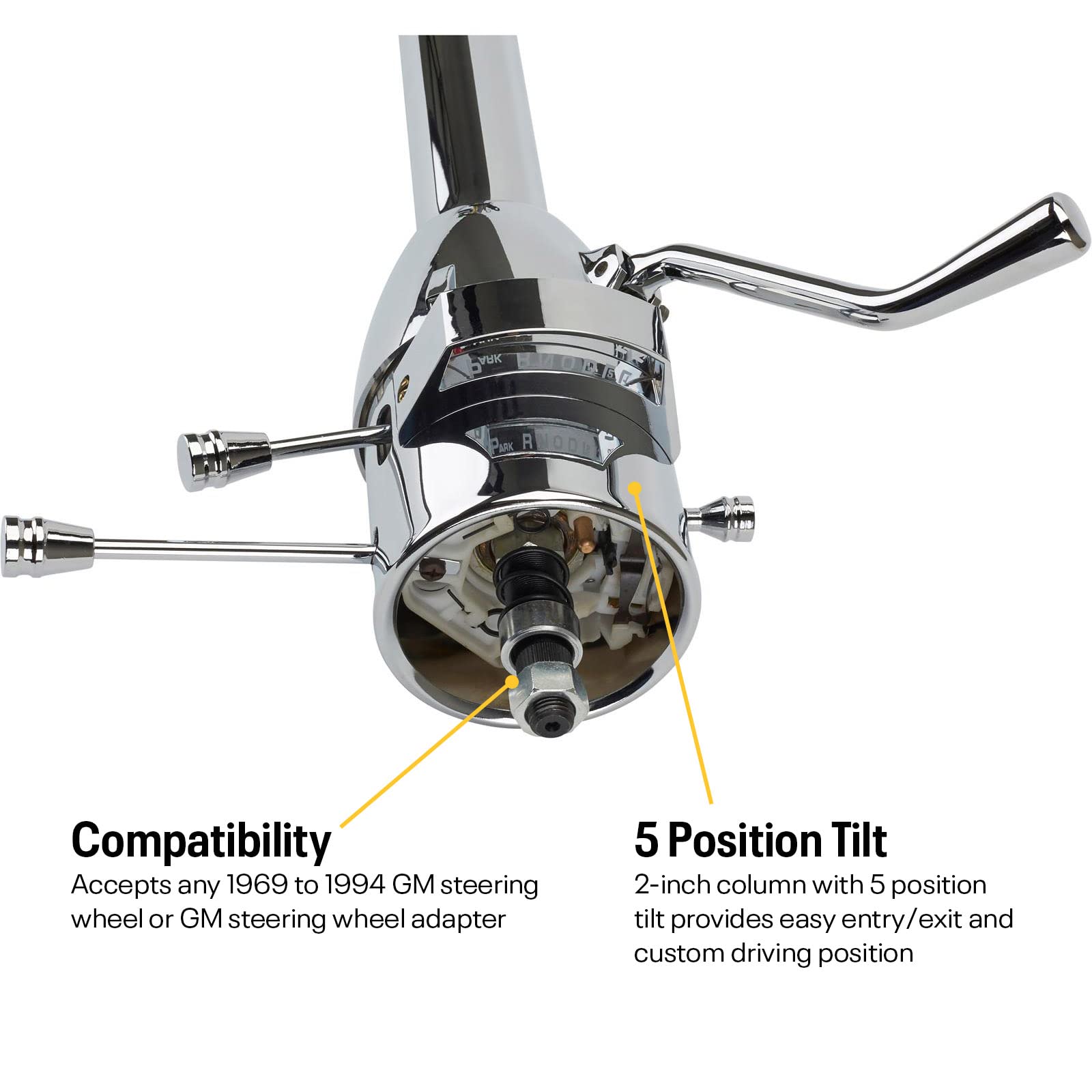 Universal GM 32-Inch Tilt Steering Column with Shifter: 5-Position Adjustable, Built-In GM Turn Signal & Hazard Flashers, Compatible with OE & Aftermarket Wiring, Chrome