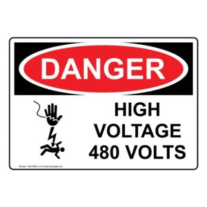 compliancesigns.com danger high voltage 480 volts osha safety label decal, 5x3.5 in. 4-pack vinyl for electrical