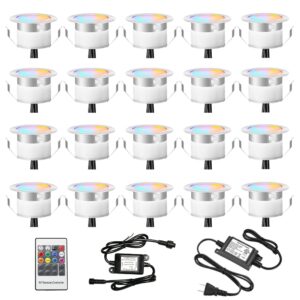 fvtled low voltage 20pcs multi-color rgb led deck lights kit 1-3/4" stainless steel recessed wood outdoor yard garden decoration lamp patio stairs landscape pathway lighting