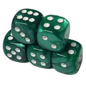 set of 5 deluxe marbleized green standard dice 12mm white spots in snow organza bag