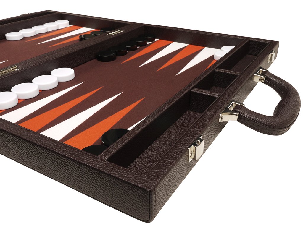 16-inch Premium Backgammon Set - Dark Brown Board, White and Orange Points