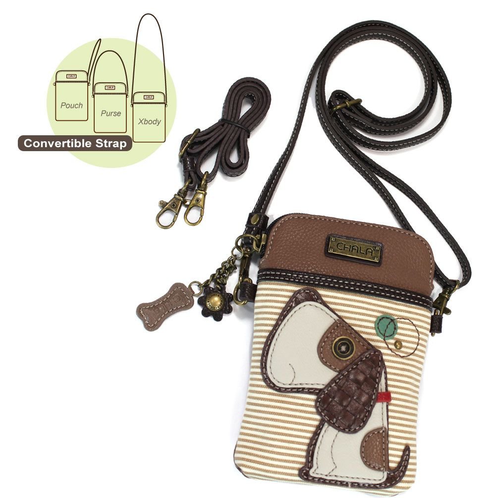 CHALA Cell Phone Crossbody Purse-Women PU Leather/Canvas Multicolor Handbag with Adjustable Strap - Toffy Dog - brown stripe