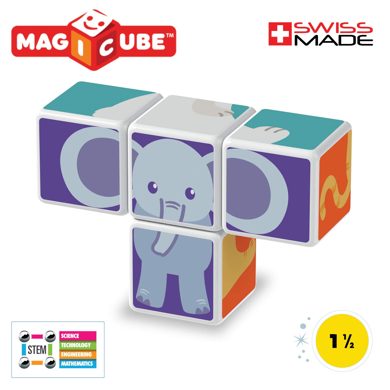 GEOMAG MagiCube Animal Friends 4-Piece Magnetic Cubes Building Set, Toddlers & Kids Ages 1.5+, STEM-Endorsed Educational Toy, Swiss-Made, Creativity & Early Learning Fun, 6 Adorable Building Ideas