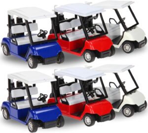 6 pack: diecast golf carts toy with clubs, alloy metal mini model 1:20 scale golfcart pullback vehicles for golfing themed office desk decor, bulk birthday party cake decorations (4.75 inches)