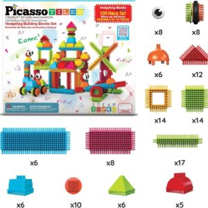 PicassoTiles 120pcs Hedgehog Interlocking Building Blocks Tiles Construction Toy Set Learning Playset STEAM Development Preschool Kindergarten Toy for Kids Age3+ PTB120