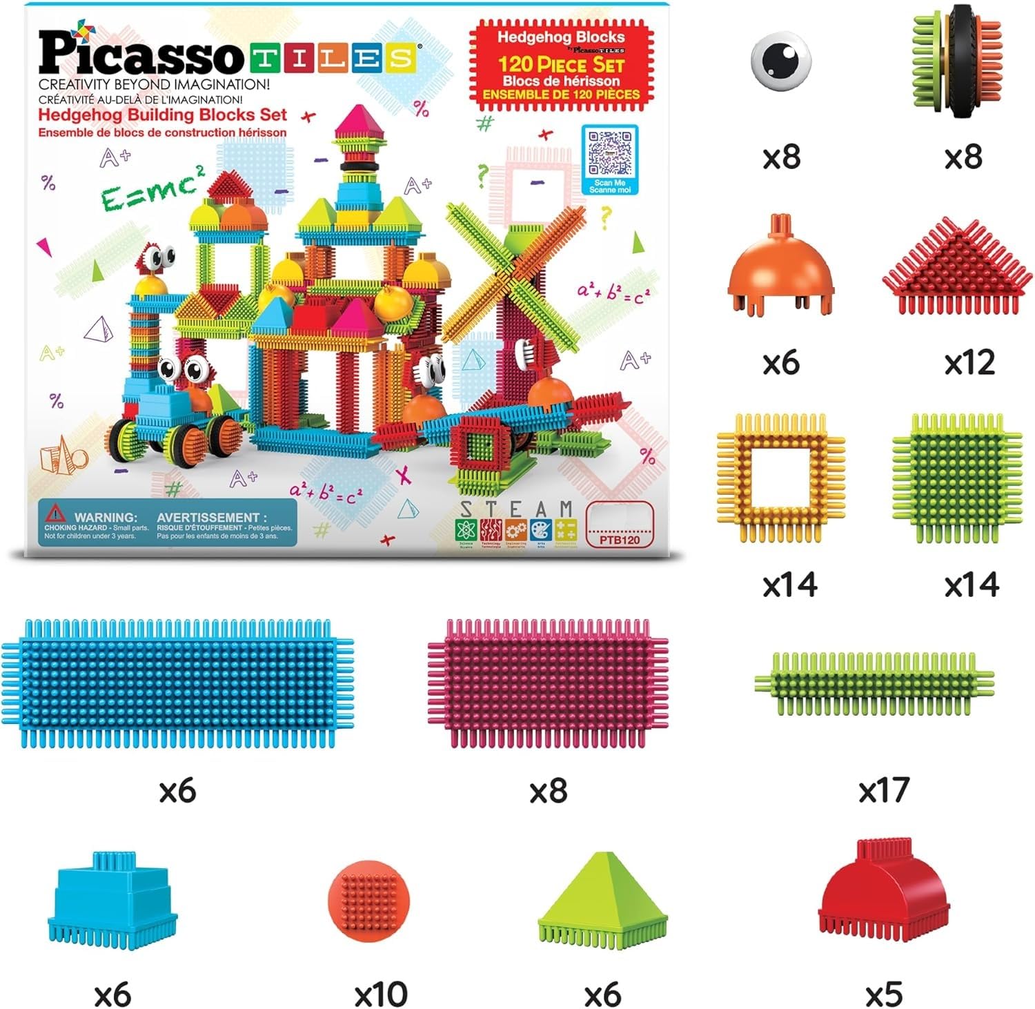 PicassoTiles 120pcs Hedgehog Interlocking Building Blocks Tiles Construction Toy Set Learning Playset STEAM Development Preschool Kindergarten Toy for Kids Age3+ PTB120