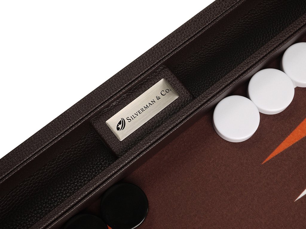 16-inch Premium Backgammon Set - Dark Brown Board, White and Orange Points