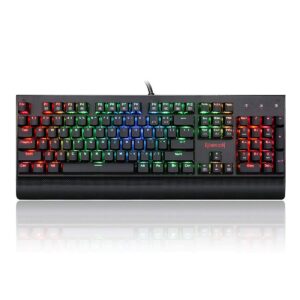 redragon k557 rgb backlit mechanical gaming keyboard with blue switches, aluminum base, anti-ghosting 104 keys