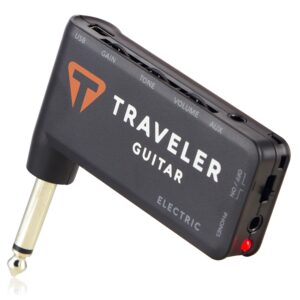 traveler guitar tga-1e electric guitar headphone amplifier | guitar headphone amp with 1/8" headphone jack and 1/8" aux-in for backing tracks | portable guitar amp with gain, tone and volume controls