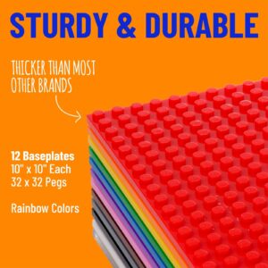 Strictly Briks 12 Pack Stackable Baseplates 10x10 - Building Brick Base Plates with 32 x 32 Studs, Mats, Bases, Boards, Sheets - Compatible with All Major Brands - Rainbow Colors