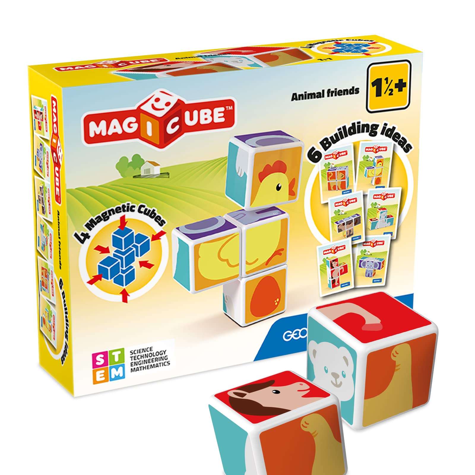 GEOMAG MagiCube Animal Friends 4-Piece Magnetic Cubes Building Set, Toddlers & Kids Ages 1.5+, STEM-Endorsed Educational Toy, Swiss-Made, Creativity & Early Learning Fun, 6 Adorable Building Ideas