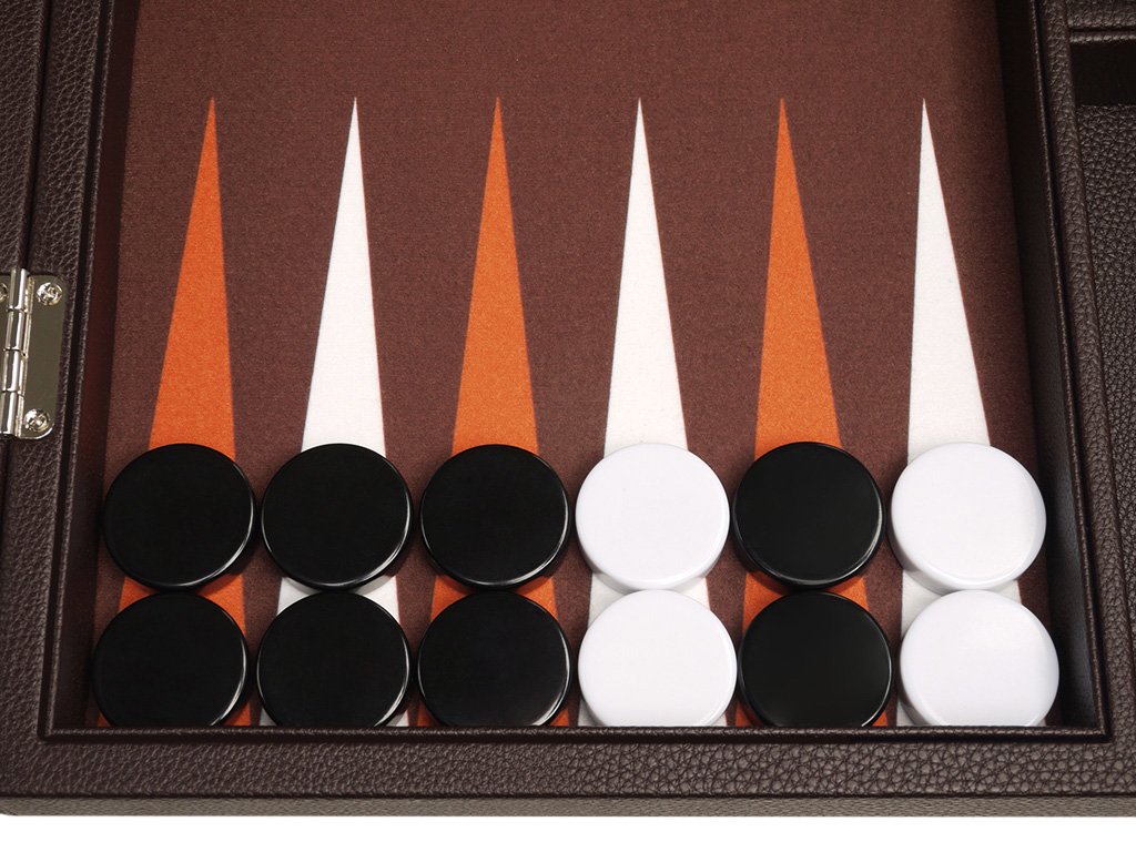 16-inch Premium Backgammon Set - Dark Brown Board, White and Orange Points