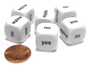 koplow games set of 6 d6 16mm yes, no, maybe decisions dice - white with black letters