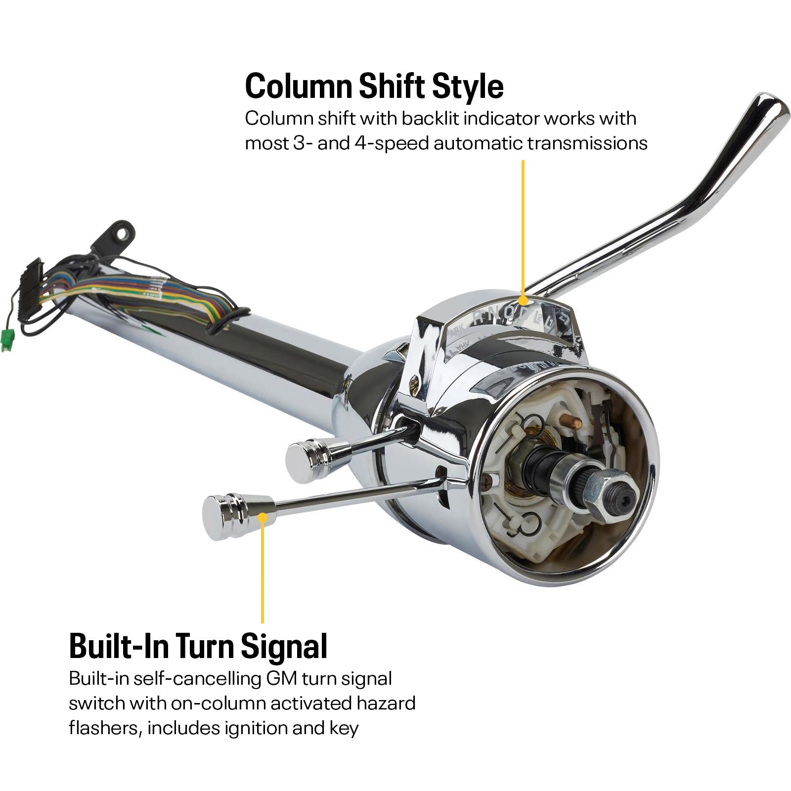 Universal GM 32-Inch Tilt Steering Column with Shifter: 5-Position Adjustable, Built-In GM Turn Signal & Hazard Flashers, Compatible with OE & Aftermarket Wiring, Chrome