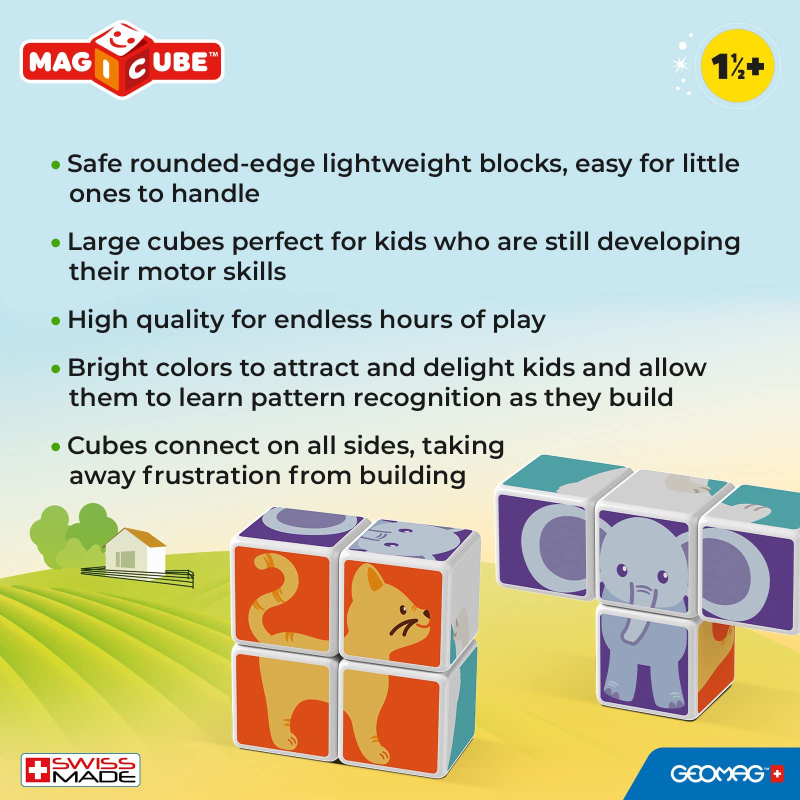 GEOMAG MagiCube Animal Friends 4-Piece Magnetic Cubes Building Set, Toddlers & Kids Ages 1.5+, STEM-Endorsed Educational Toy, Swiss-Made, Creativity & Early Learning Fun, 6 Adorable Building Ideas