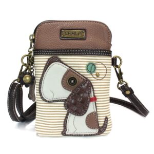 chala cell phone crossbody purse-women pu leather/canvas multicolor handbag with adjustable strap - toffy dog - brown stripe