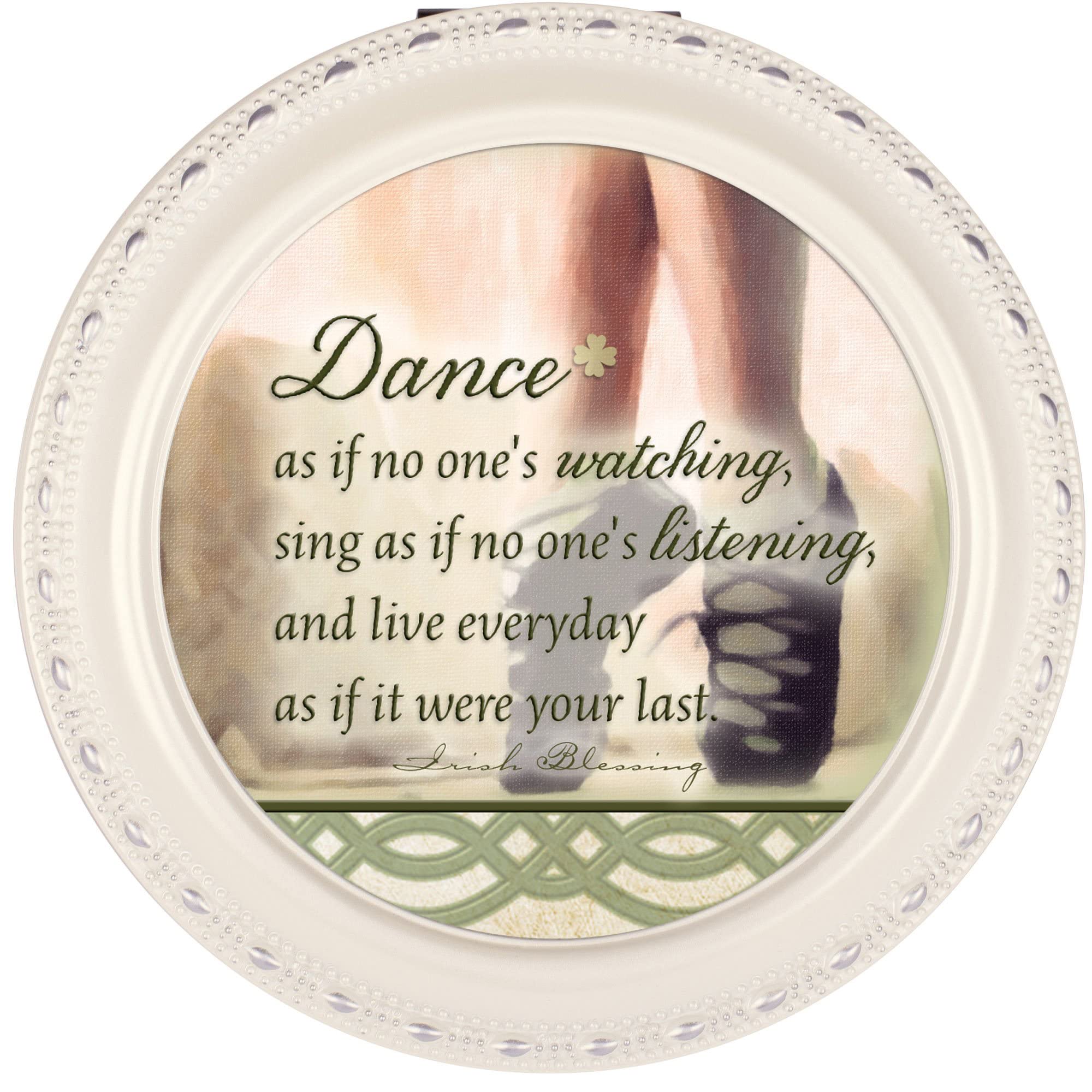 Cottage Garden Dance Sing Live Everyday Matte White Petite Round Jewelry Music Box Plays Irish Lullaby