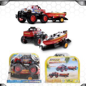 Mozlly Monster Truck Toys Set with Trailer Toy Boat - Friction Powered Hauling Truck and Trailer Toy, Big Toy Monster Truck with Boat, Adventure Truck Pulling Boat Toy Monster Trucks for Kids - 9 Inch