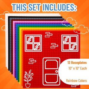 Strictly Briks 12 Pack Stackable Baseplates 10x10 - Building Brick Base Plates with 32 x 32 Studs, Mats, Bases, Boards, Sheets - Compatible with All Major Brands - Rainbow Colors