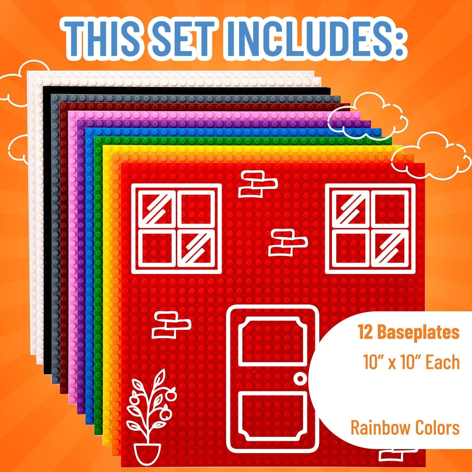 Strictly Briks 12 Pack Stackable Baseplates 10x10 - Building Brick Base Plates with 32 x 32 Studs, Mats, Bases, Boards, Sheets - Compatible with All Major Brands - Rainbow Colors