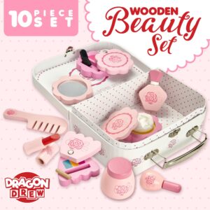 Dragon Drew Wooden Toy Beauty Set – 10 Piece Kit - Girls Salon Set with Makeup, Brush, Mirror and Cosmetics Case - 100% Natural Wood, Nontoxic Paint, Smooth Edges