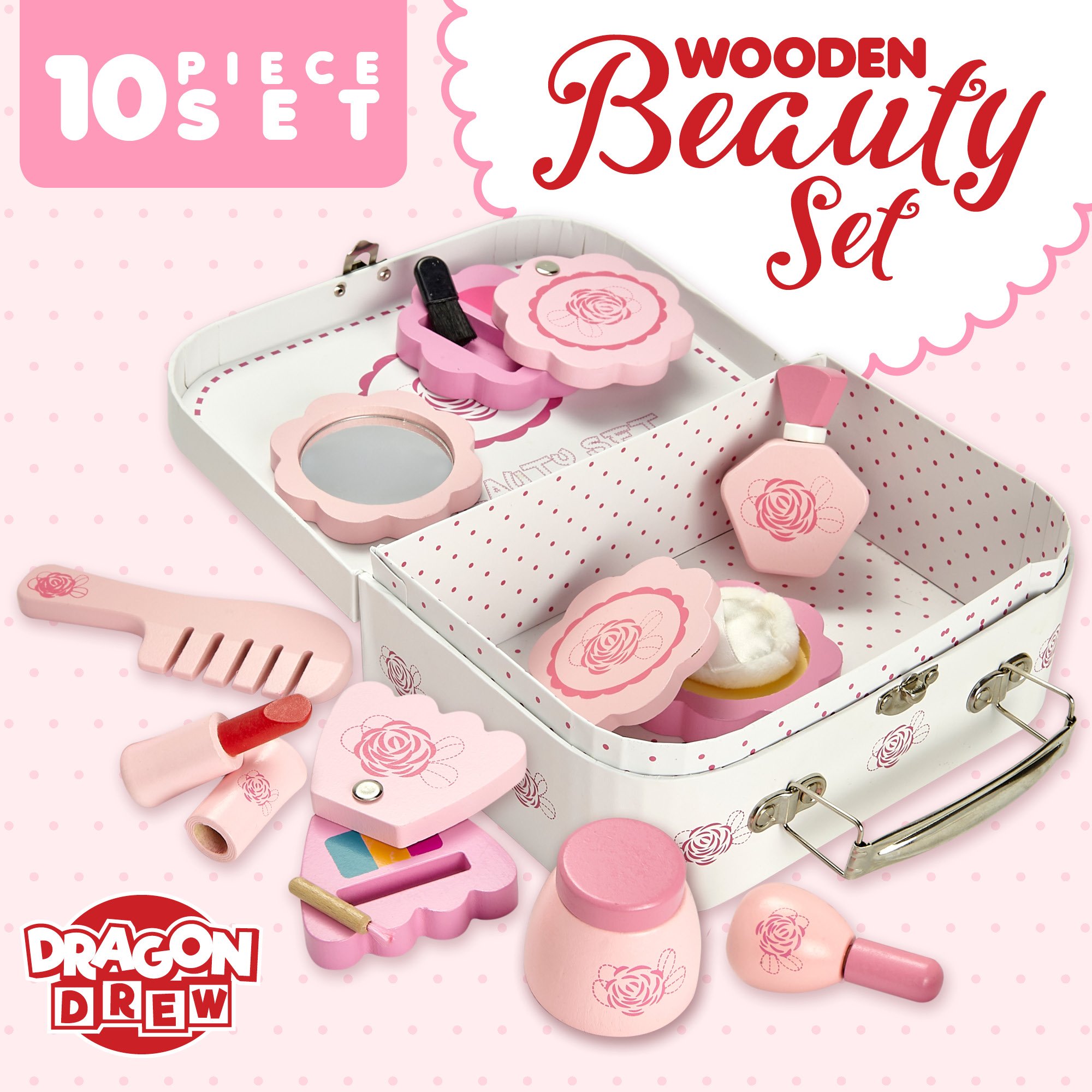 Dragon Drew Wooden Toy Beauty Set – 10 Piece Kit - Girls Salon Set with Makeup, Brush, Mirror and Cosmetics Case - 100% Natural Wood, Nontoxic Paint, Smooth Edges