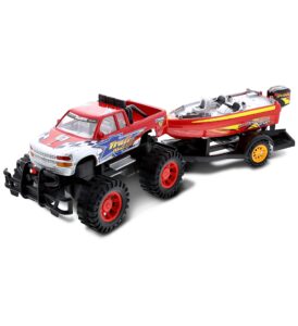 mozlly monster truck toys set with trailer toy boat - friction powered hauling truck and trailer toy, big toy monster truck with boat, adventure truck pulling boat toy monster trucks for kids - 9 inch