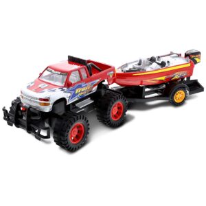 Mozlly Monster Truck Toys Set with Trailer Toy Boat - Friction Powered Hauling Truck and Trailer Toy, Big Toy Monster Truck with Boat, Adventure Truck Pulling Boat Toy Monster Trucks for Kids - 9 Inch