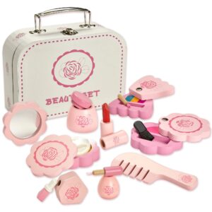 dragon drew wooden toy beauty set – 10 piece kit - girls salon set with makeup, brush, mirror and cosmetics case - 100% natural wood, nontoxic paint, smooth edges