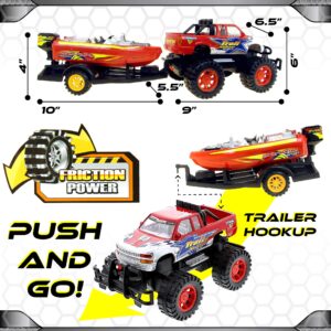 Mozlly Monster Truck Toys Set with Trailer Toy Boat - Friction Powered Hauling Truck and Trailer Toy, Big Toy Monster Truck with Boat, Adventure Truck Pulling Boat Toy Monster Trucks for Kids - 9 Inch