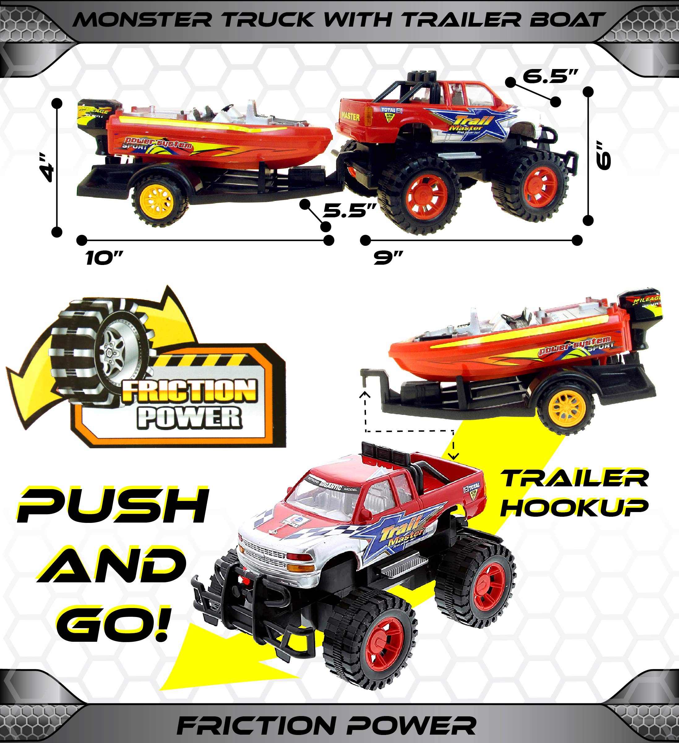 Mozlly Monster Truck Toys Set with Trailer Toy Boat - Friction Powered Hauling Truck and Trailer Toy, Big Toy Monster Truck with Boat, Adventure Truck Pulling Boat Toy Monster Trucks for Kids - 9 Inch